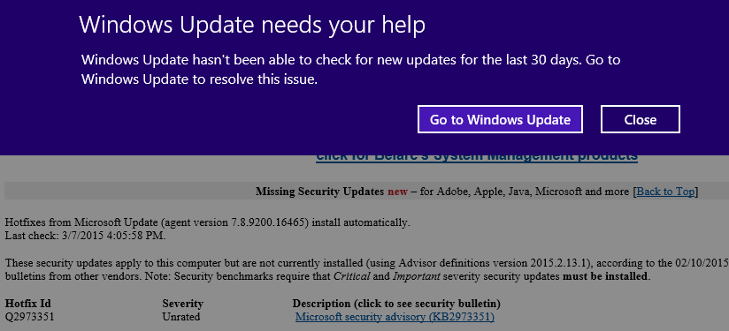 "Windows Update needs your help" pops up every 20 seconds