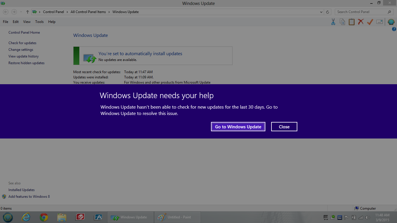 "Windows Update needs your help" pops up every 20 seconds