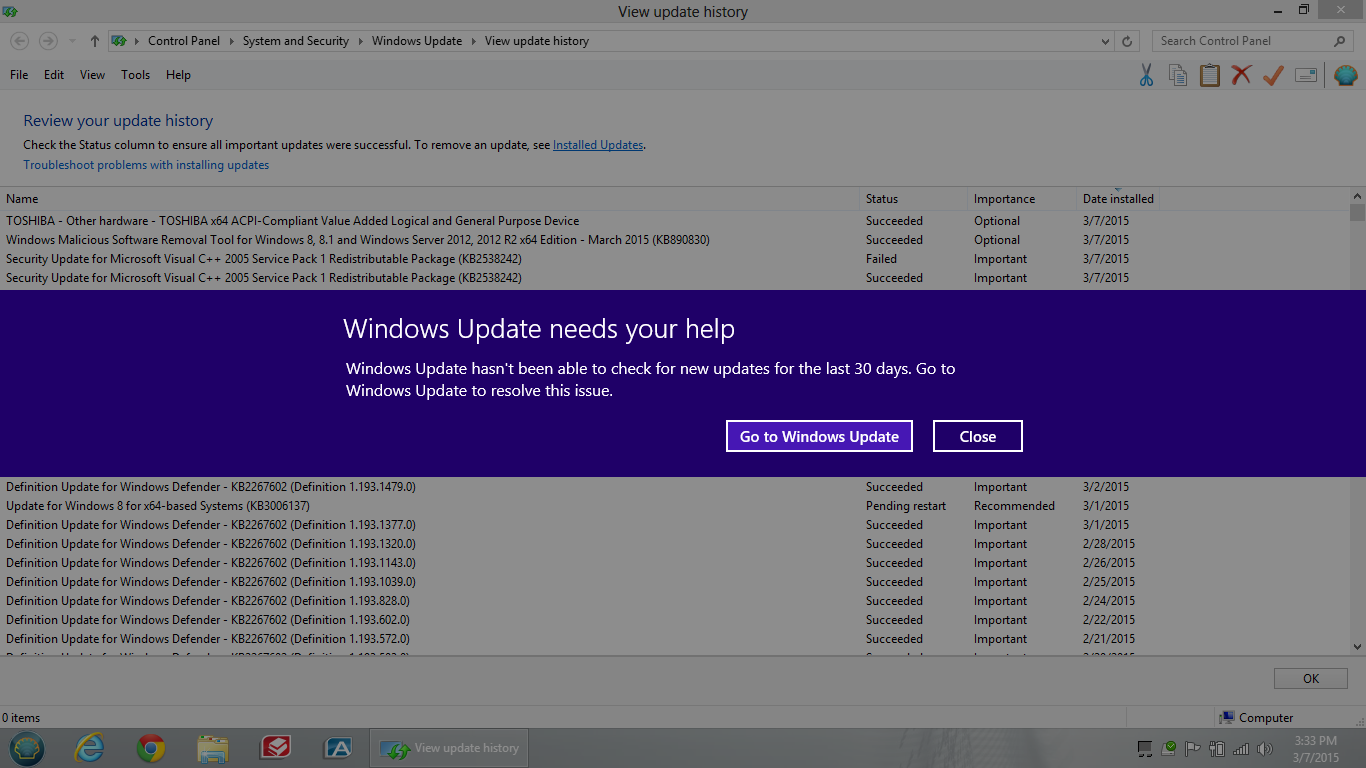 "Windows Update needs your help" pops up every 20 seconds